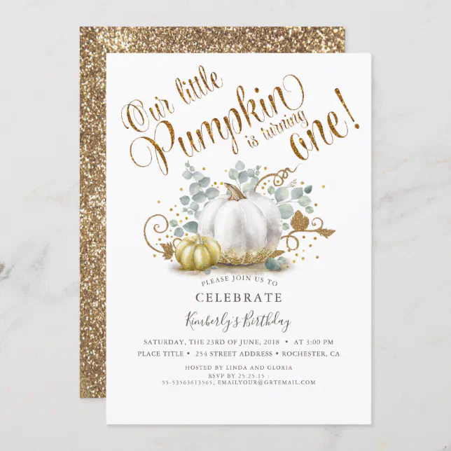 Pumpkin First Birthday Invitation Autumn Fall Gold | Zazzle