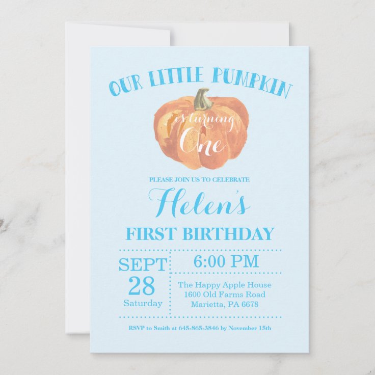 Pumpkin First Birthday Invitation Blue | Zazzle