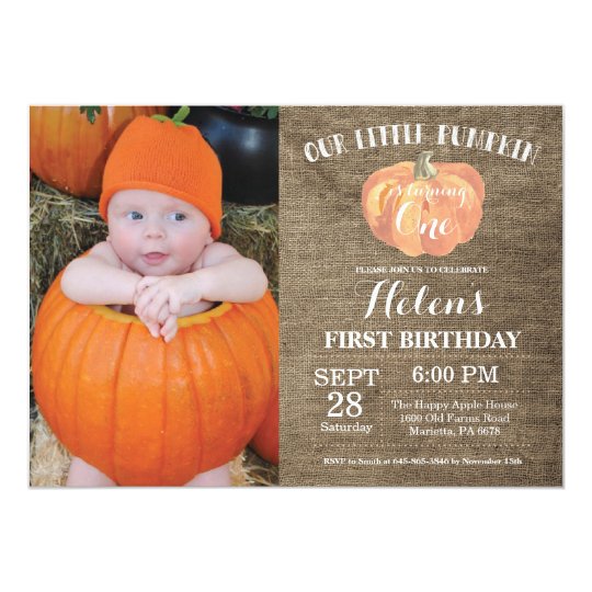 Pumpkin First Birthday Invitation Burlap | Zazzle.com