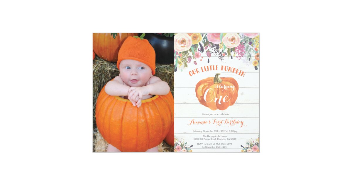 Pumpkin First Birthday Invitation Floral Rustic | Zazzle.com