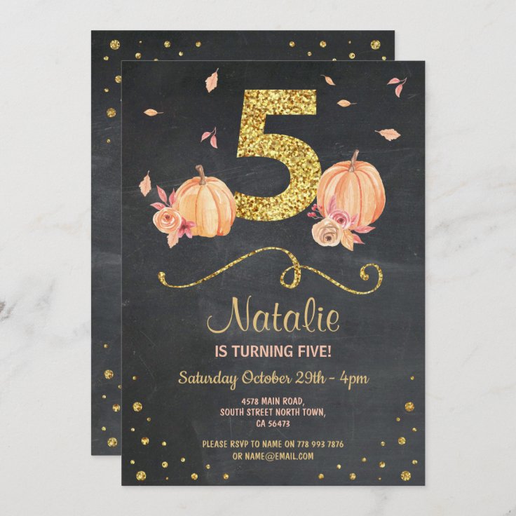 Pumpkin FIVE Birthday 5THh Fall Chalk Gold Invite | Zazzle