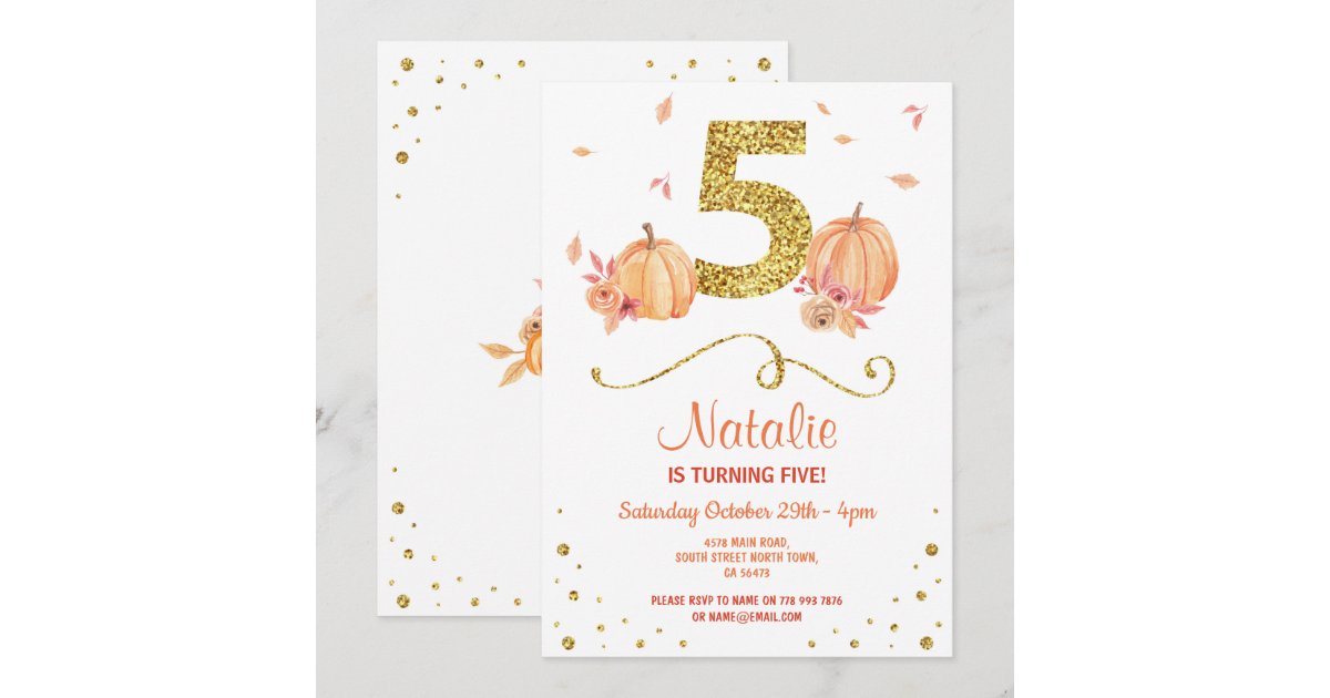 Pumpkin FIVE Birthday 5THh Fall Party Gold Invite | Zazzle