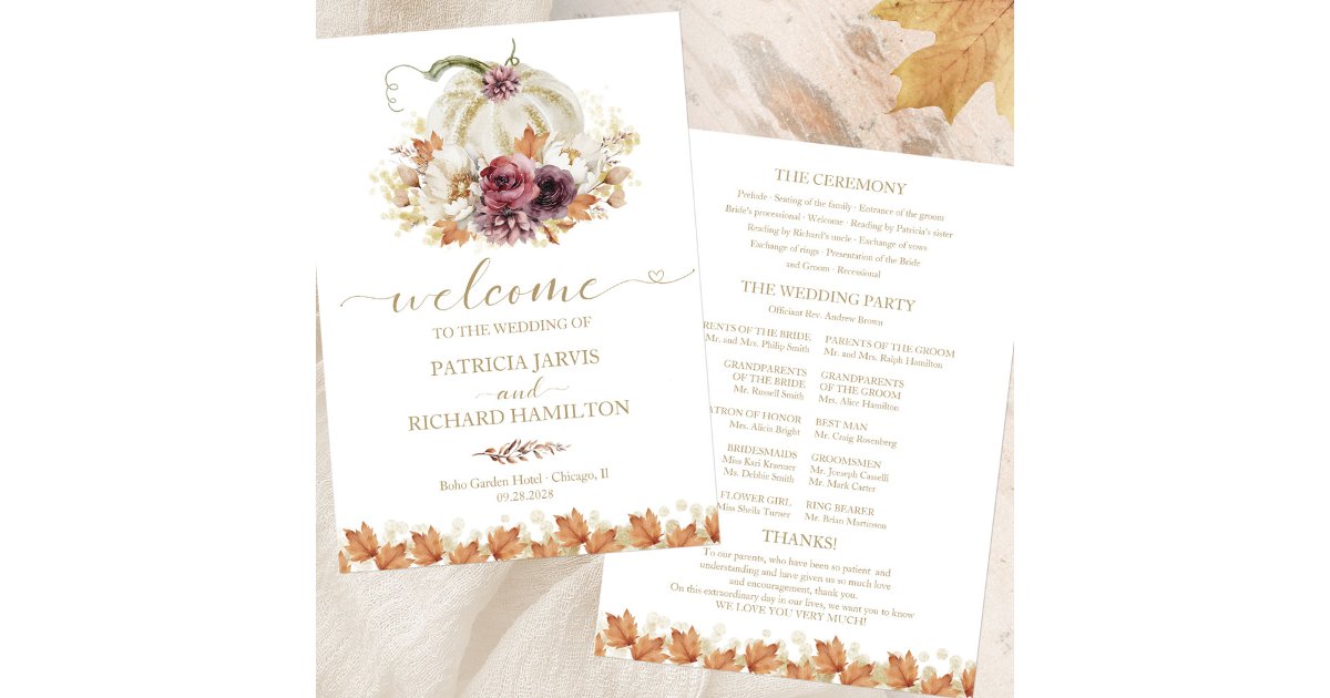 Pumpkin Floral Fall Wedding Ceremony Program | Zazzle