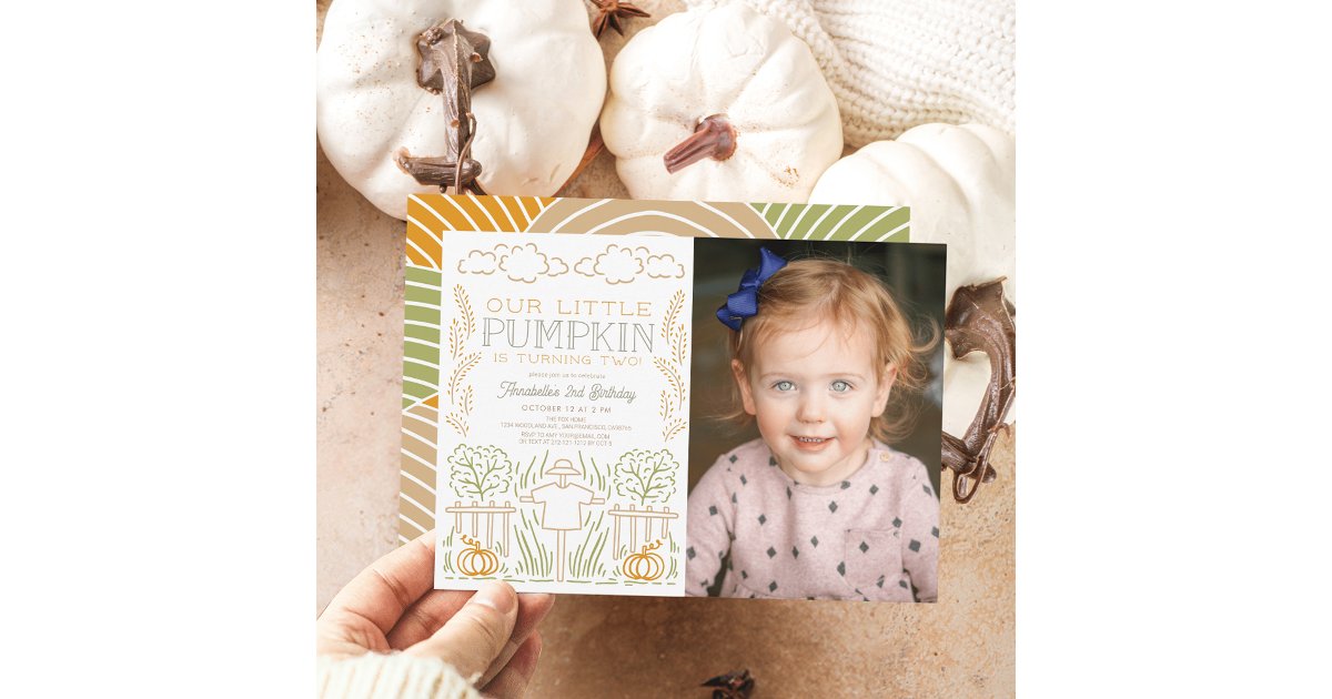 Pumpkin Harvest Scarecrow Photo Birthday Invitation | Zazzle