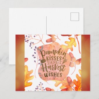 Pumpkin Kisses Harvest Wishes Fall Autumn Leaves Postcard | Zazzle
