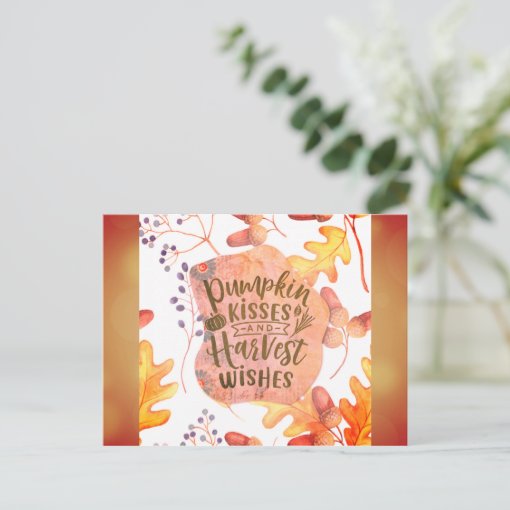 Pumpkin Kisses Harvest Wishes Fall Autumn Leaves Postcard | Zazzle