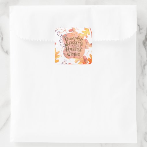 Pumpkin Kisses Harvest Wishes Fall Autumn Leaves Square Sticker | Zazzle