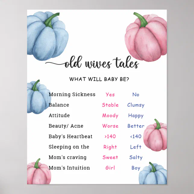 Pumpkin Old Wives Tales Gender Reveal Board Poster | Zazzle