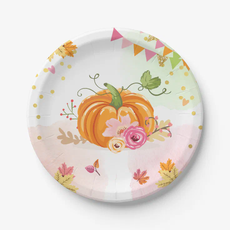 Pumpkin Paper Plates Pink Gold Shower Autumn Fall | Zazzle