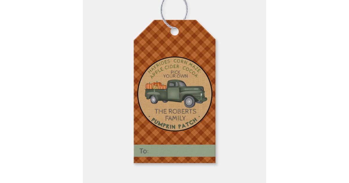 Pumpkin Patch Farm Rustic Fall Plaid Vintage Truck Gift Tags | Zazzle
