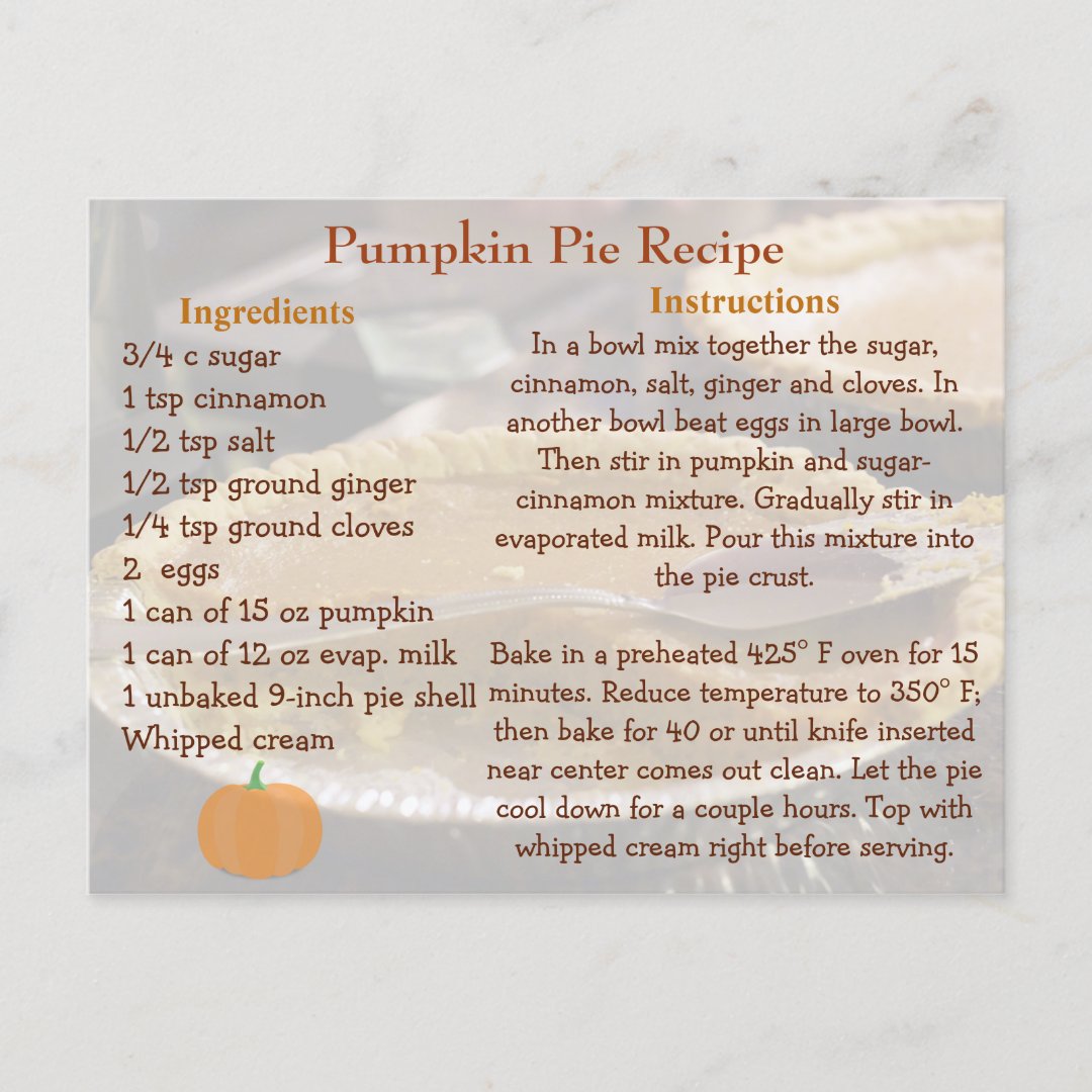 Pumpkin Pie Recipe Card | Zazzle