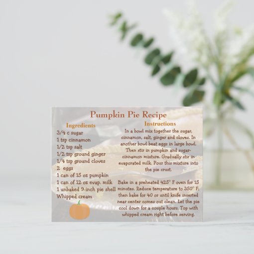Pumpkin Pie Recipe Card | Zazzle