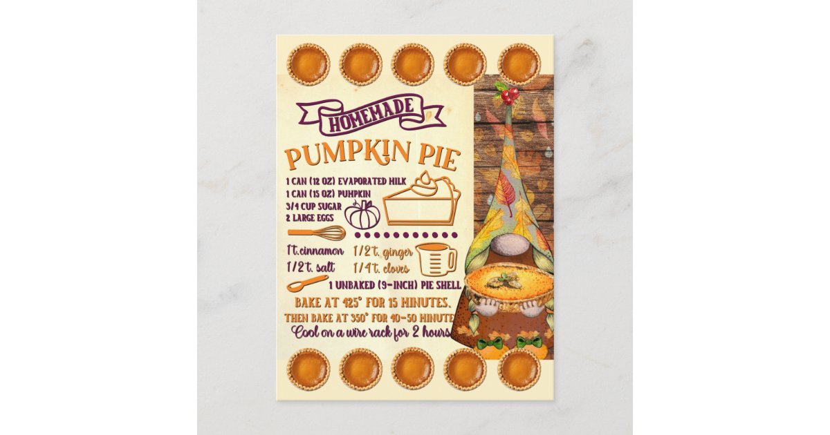 Pumpkin Pie Recipe Card Gnome | Postcard | Zazzle