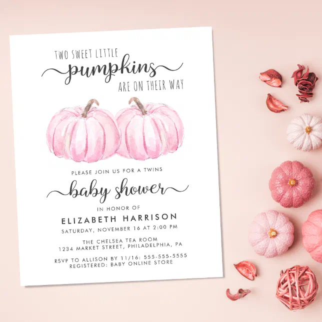 Pumpkin Pink Twin Baby Girls Shower Invitation | Zazzle