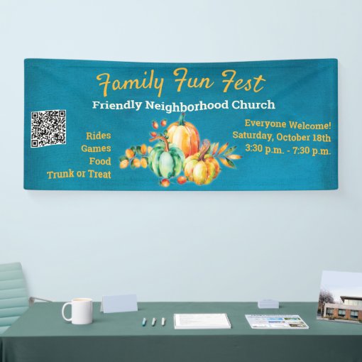 Pumpkin QR Code Church School Fall Autumn Harvest Banner | Zazzle