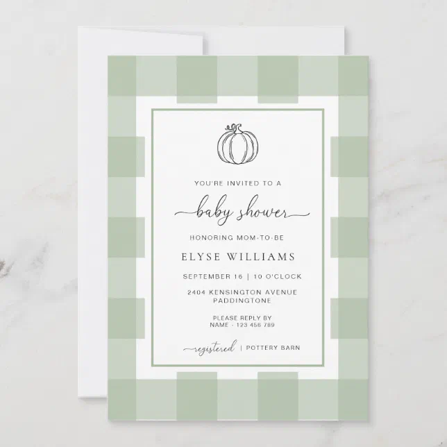 Pumpkin Sage Green Gingham Baby Shower Invitation | Zazzle