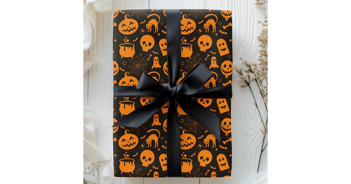 Pumpkin Skull Ghost Spooky Halloween Pattern Wrapping Paper | Zazzle
