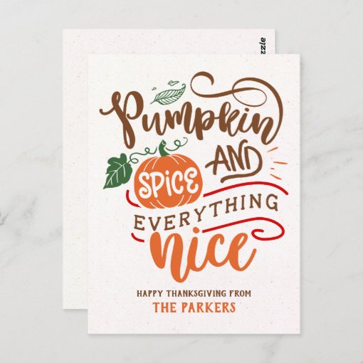 Pumpkin Spice and Everything Nice Thanksgiving Postcard | Zazzle