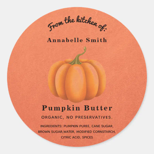 Pumpkin Spice Orange Fall Custom Personalized Jar Classic Round Sticker ...