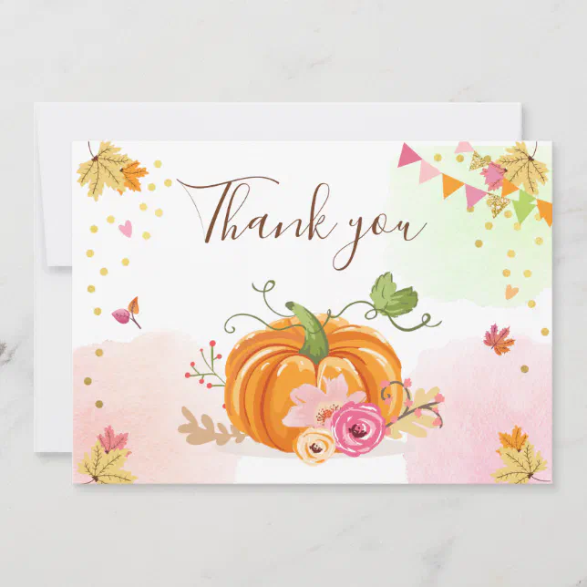 Pumpkin Thank you Card Girl Pink Floral Autumn | Zazzle