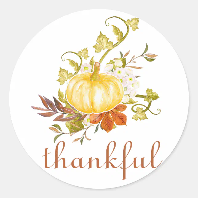 Pumpkin Thankful Watercolor Thanksgiving Classic Round Sticker | Zazzle