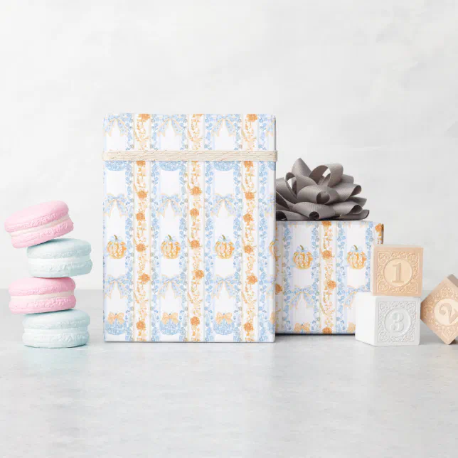Pumpkin Toile Crest Elegant Boy Baby Shower Wrapping Paper | Zazzle