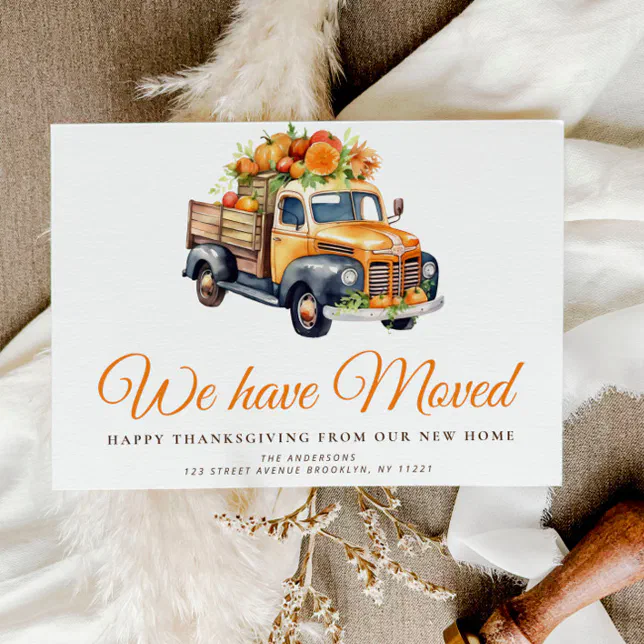pumpkin truck fall moving announcement postcard | Zazzle