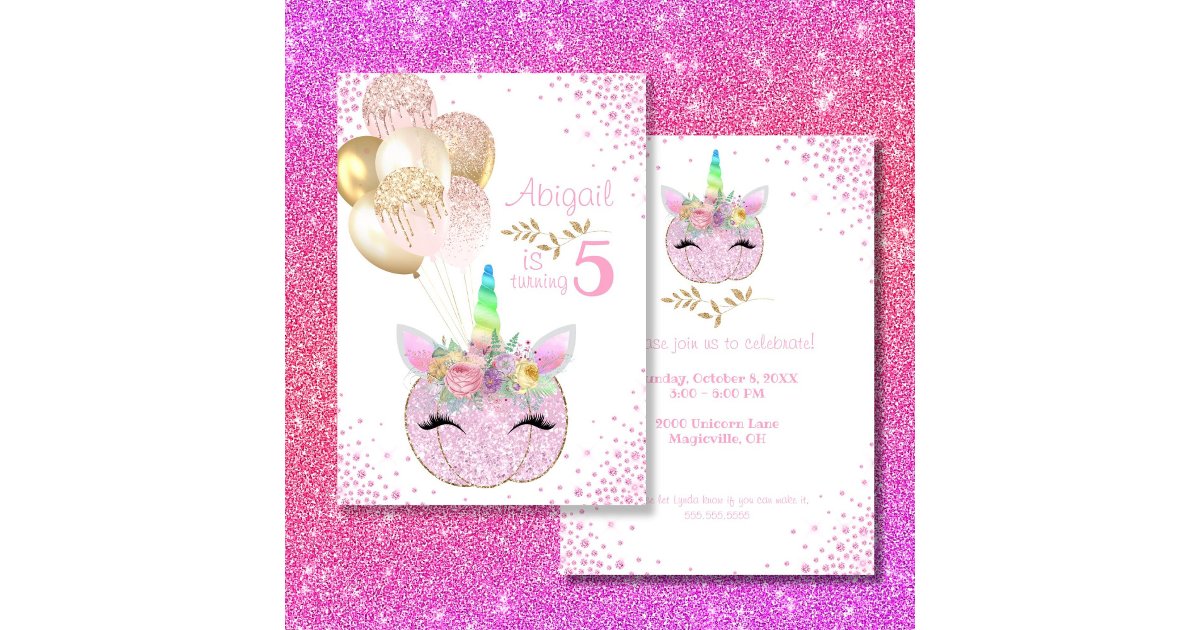 Pumpkin Unicorn Girl 5th Birthday Invitation | Zazzle