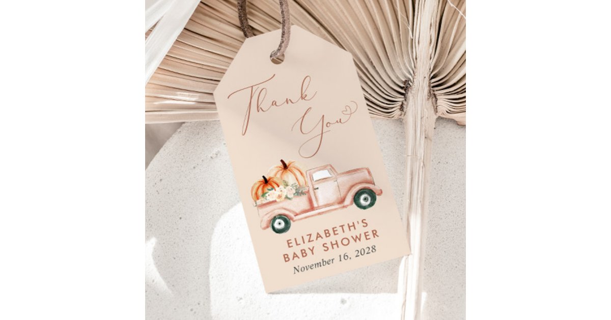 Pumpkin Vintage Truck Baby Shower Thank You Gift Tags | Zazzle
