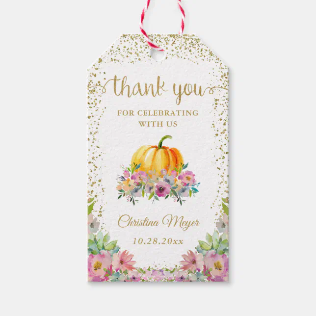 Pumpkin Watercolor Floral Fall Thank You Gift Tags | Zazzle