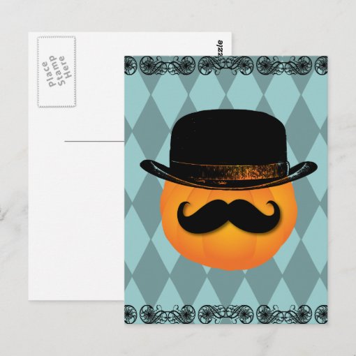 Pumpkin with mustache and hat postcard | Zazzle