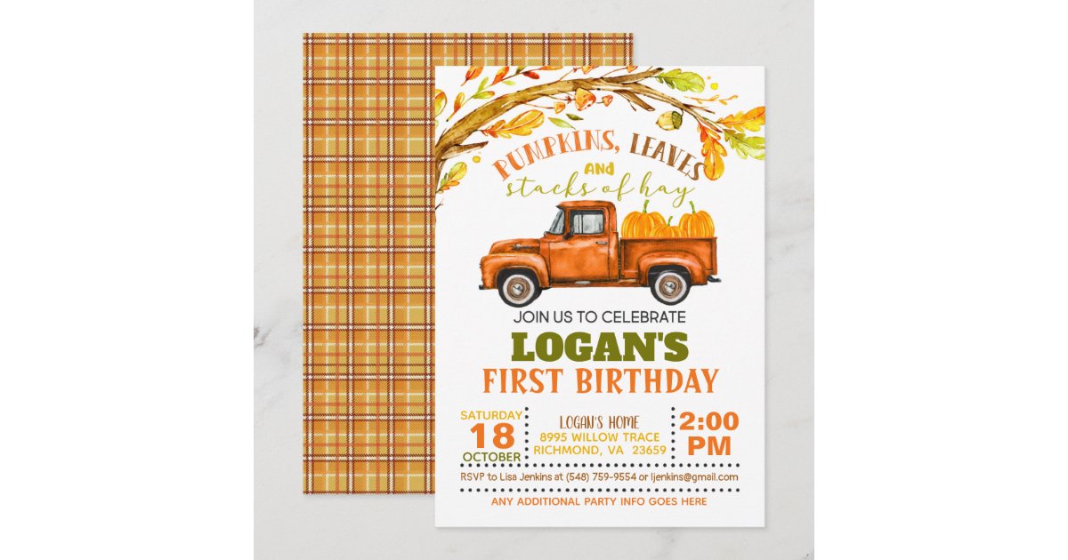 Pumpkins, Leaves and Stacks of Hay Birthday Invitation | Zazzle