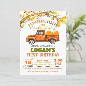 Pumpkins, Leaves and Stacks of Hay Birthday Invitation | Zazzle