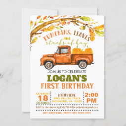 Pumpkins, Leaves and Stacks of Hay Birthday Invitation | Zazzle