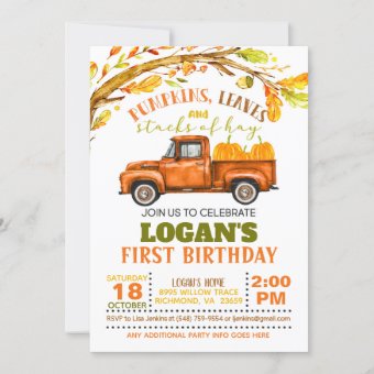 Pumpkins, Leaves and Stacks of Hay Birthday Invitation | Zazzle