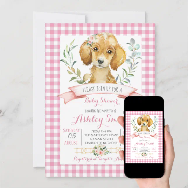 Puppy dog baby shower invitation pink girl | Zazzle
