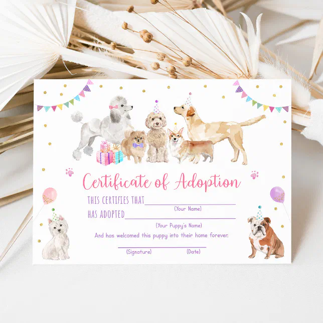 Puppy Dog Birthday Adopt A Puppy Certificate Invitation | Zazzle