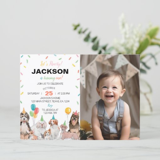 Puppy Dog Boy First Birthday Photo Invitation | Zazzle