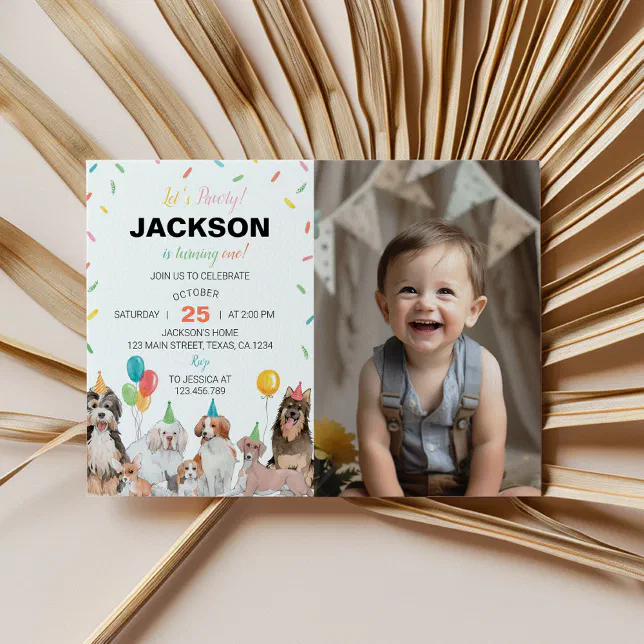Puppy Dog Boy First Birthday Photo Invitation | Zazzle