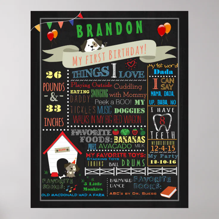 Puppy Dog First Birthday Poster 16x20 | Zazzle