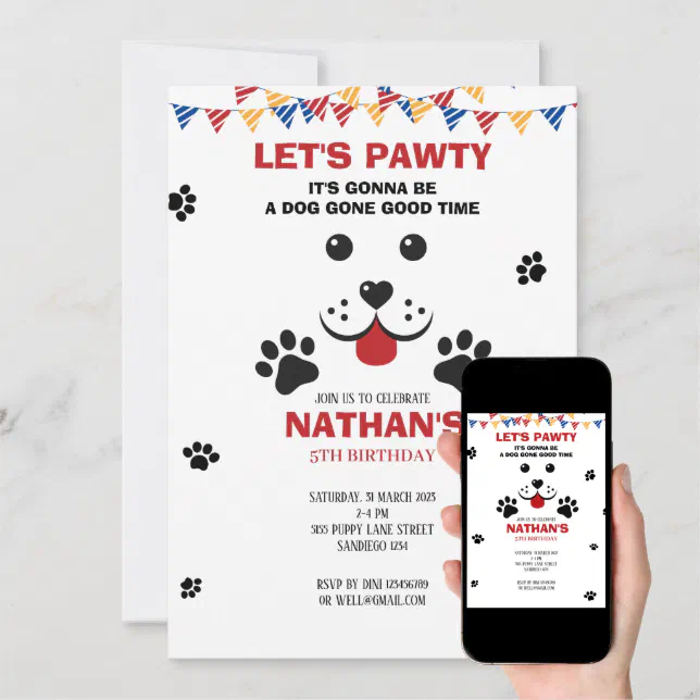 Puppy Dog Lets Pawty Birthday Boy Invitation | Zazzle