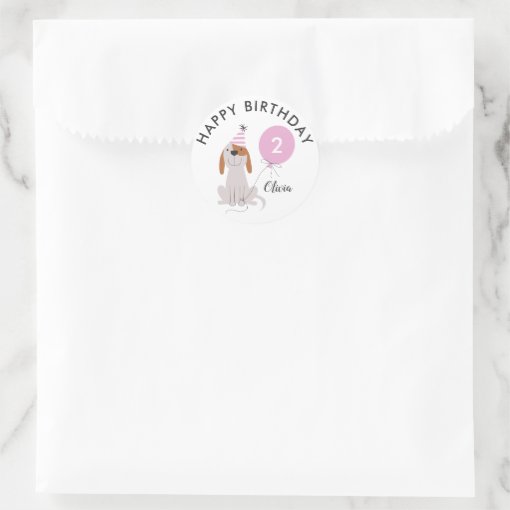 Puppy Dog Pink Happy Birthday Tag Sticker | Zazzle