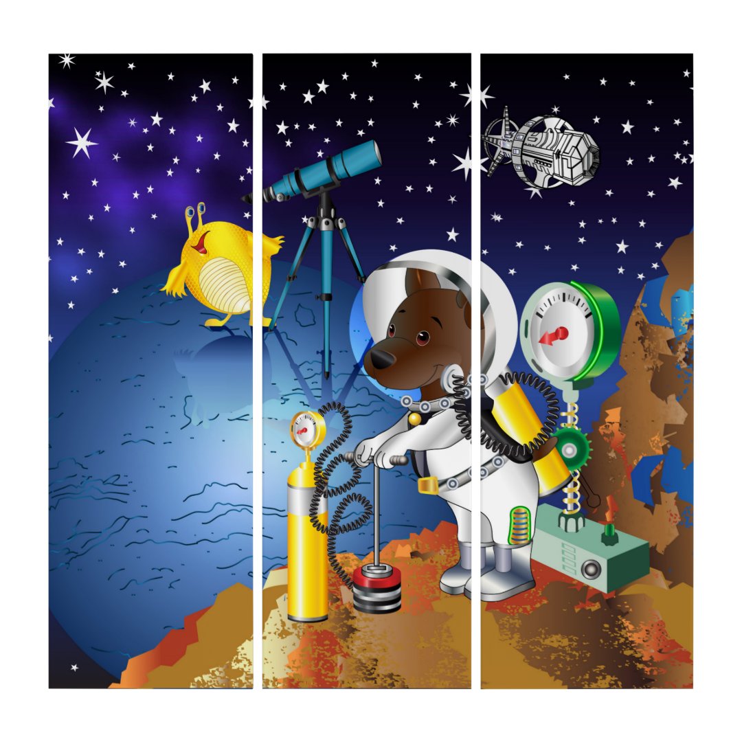 Puppy in space an alien with a telescope triptych | Zazzle
