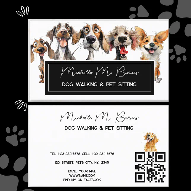 Puppy Modern Dog Walker Sitting QR Code Business Card | Zazzle