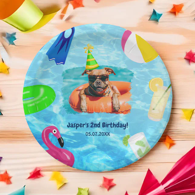 Puppy Pawty Birthday Dog Pool Party Paper Plates | Zazzle