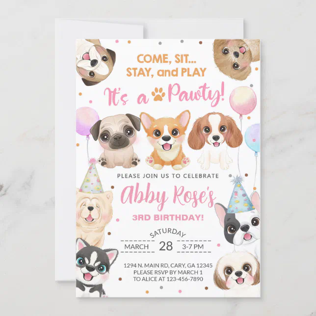 Puppy, puppies, pawty girl birthday invitation. in invitation | Zazzle