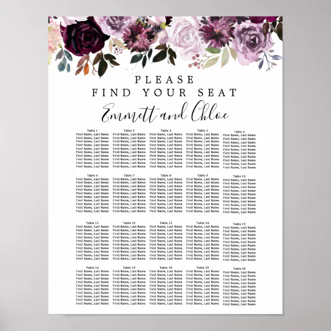 Puprle Pink Floral 20-Table Wedding Seating Chart | Zazzle