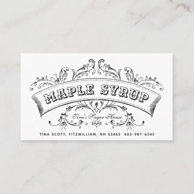Pure Maple Syrup Old Fashioned Scroll Business Card | Zazzle