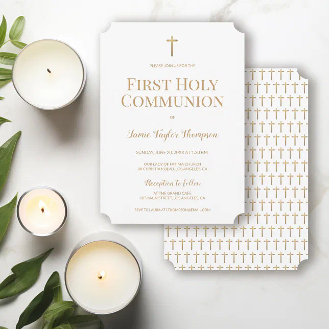 Pure White Gold Cross First holy communion Invitation | Zazzle
