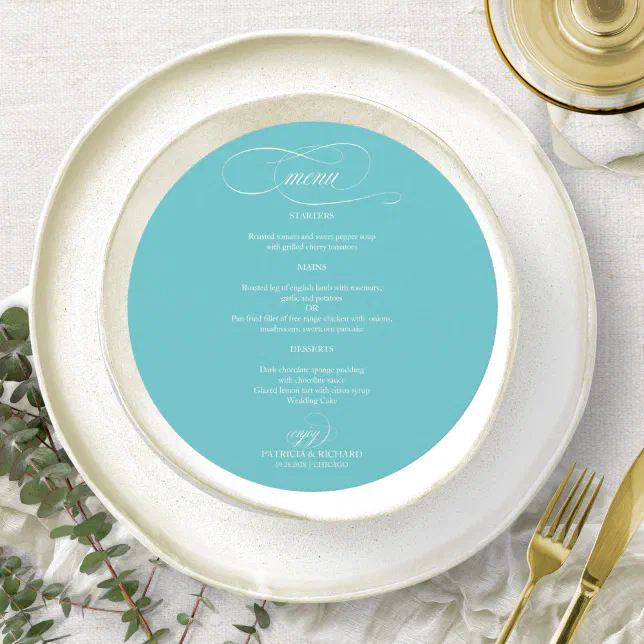 Purist Blue Elegant Round Wedding Menu | Zazzle